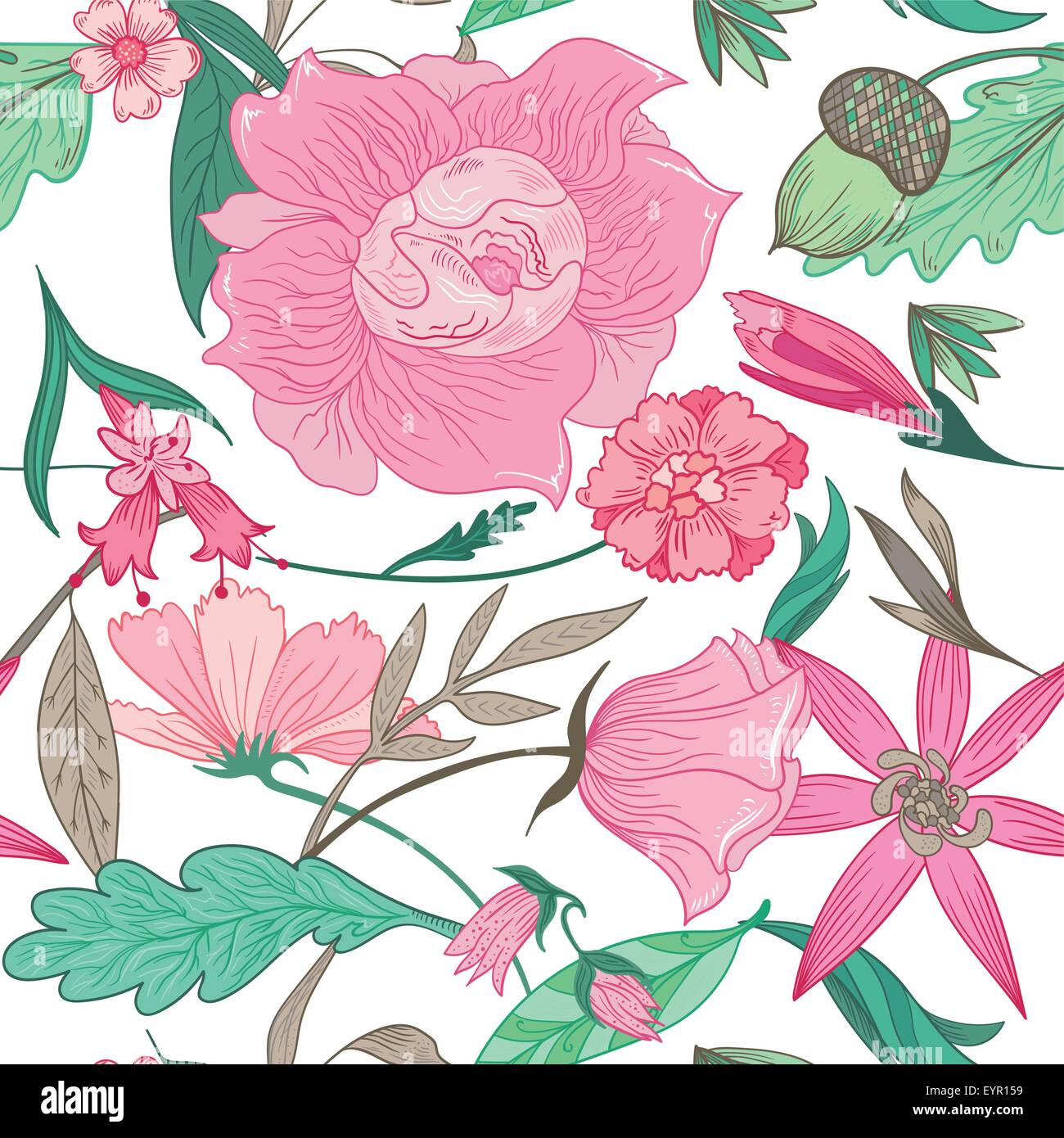 Vector seamless background with pink romantic peony, rose, mayweed ...