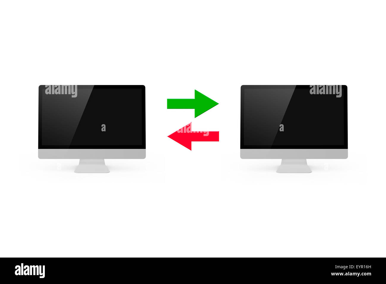 Close up front view of data transfer icon between two computers with ...