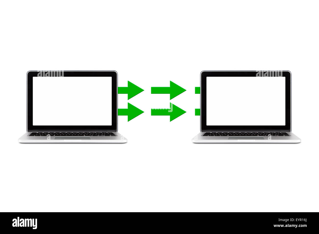 Close up front view of data transfer icon between two notebook ...