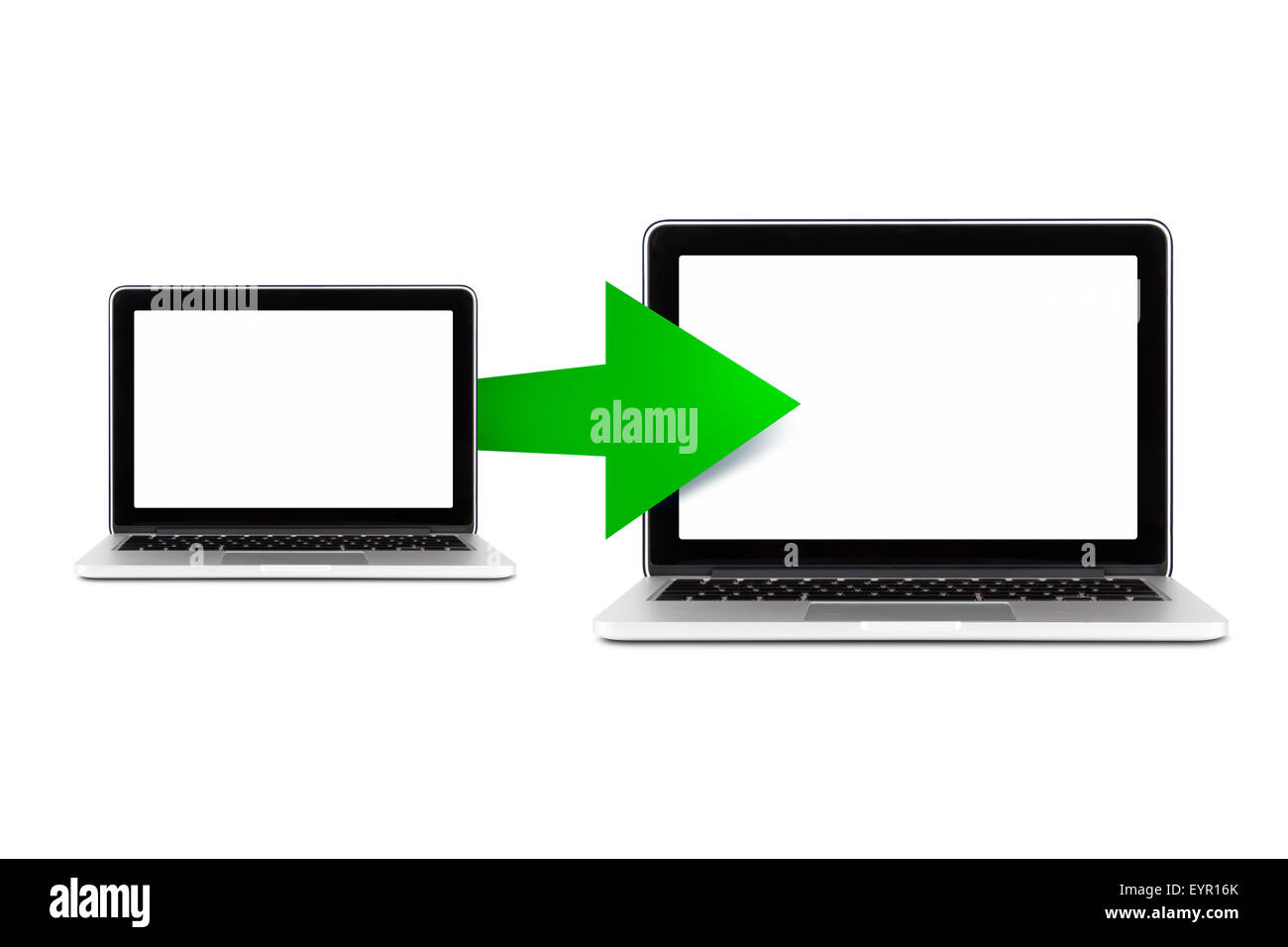 Close up front view of data transfer icon between two notebook ...