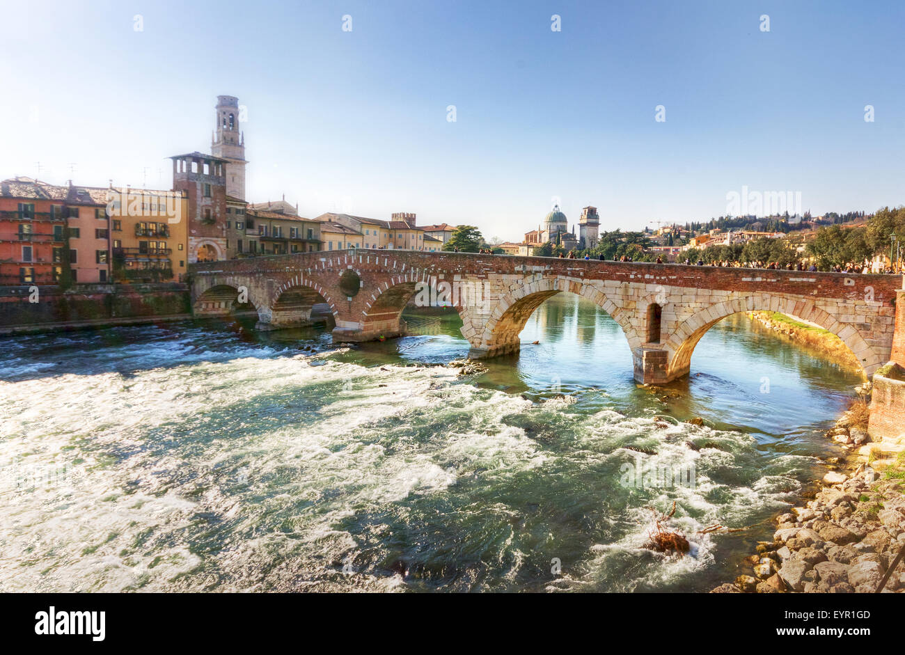 Italy, Verona, the Ponte Pietra bridge on the Adige river Stock Photo ...