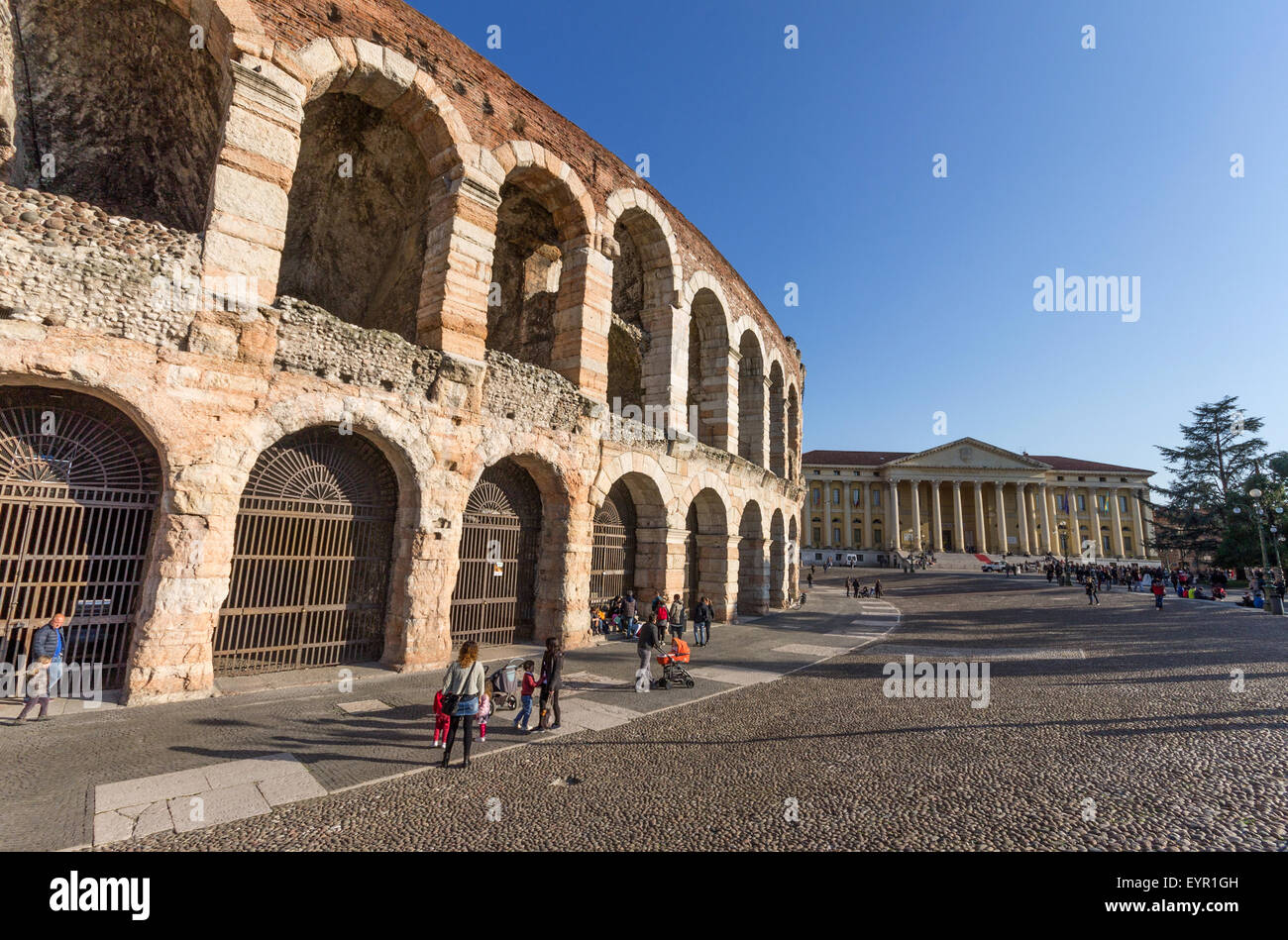 Italy, Veneto, Verona, Piazza Bra, the Arena and city hall Stock Photo ...
