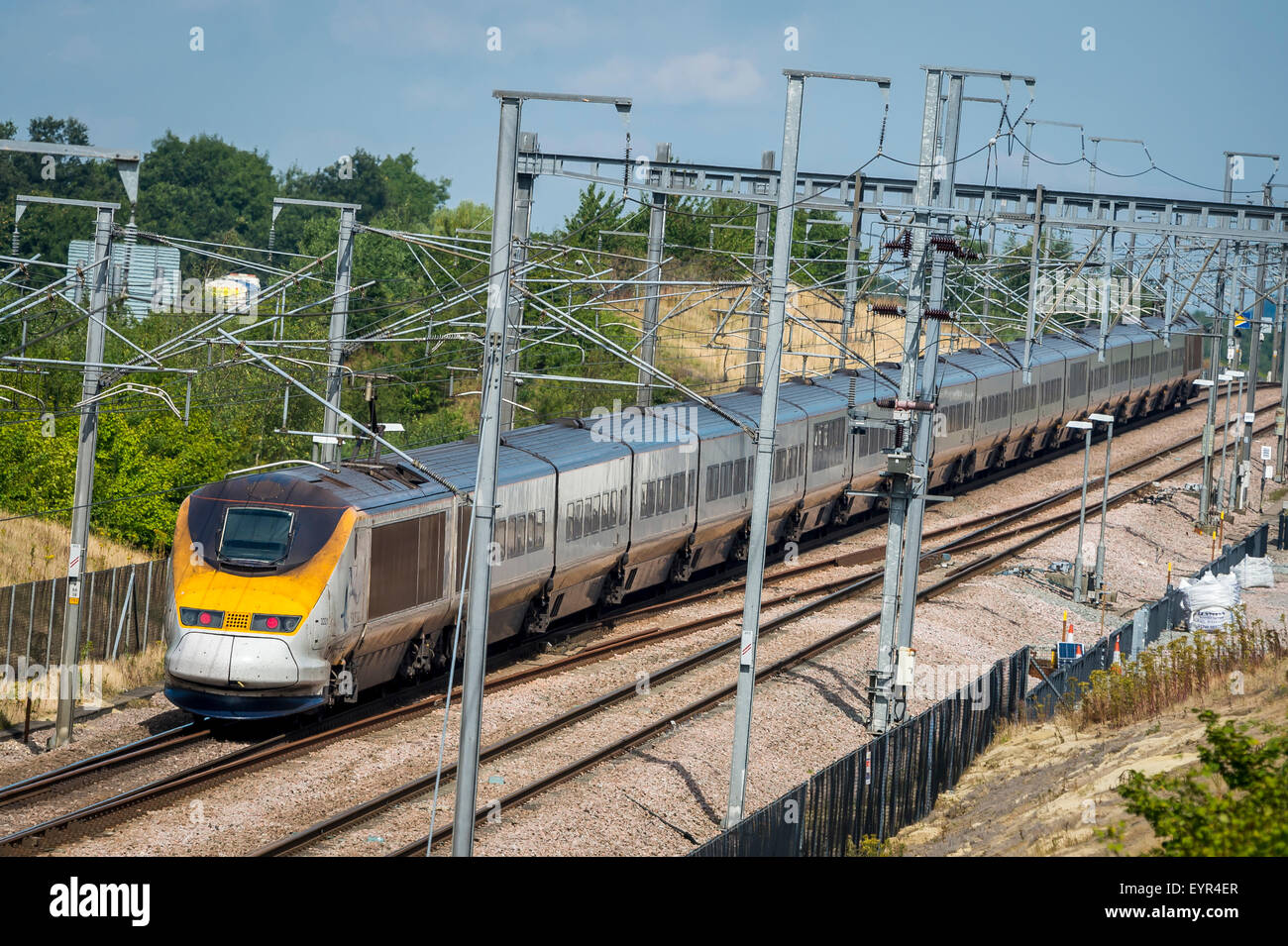 Eurostar train travelling through the countryside in Kent, England ...