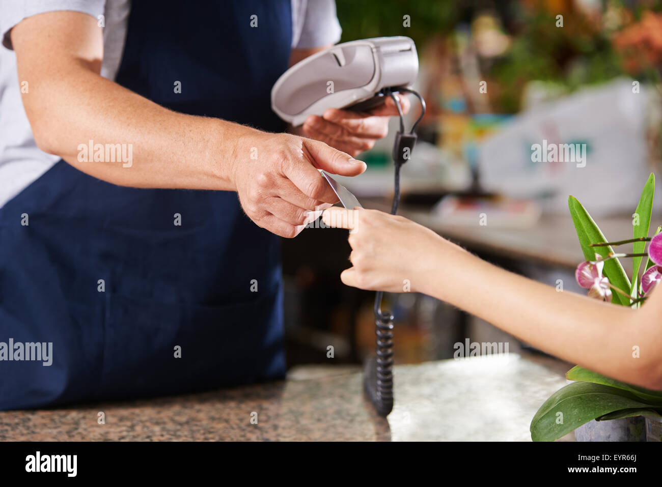 Hand offering credit card for payment at checkout in nursery Stock ...