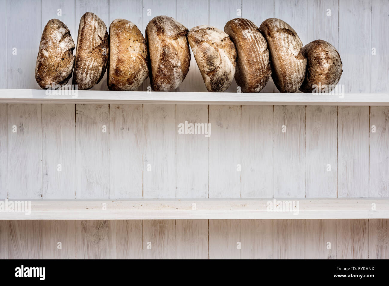 Various traditionally made sourdough breads in a bakery, Devon UK Stock ...