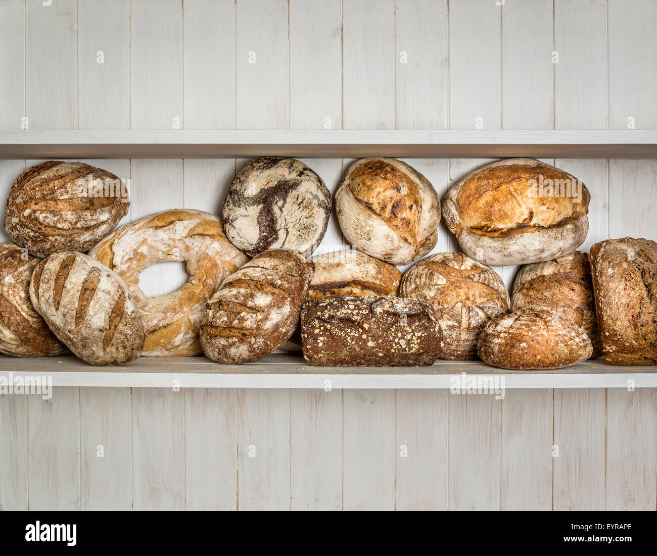 Various traditionally made sourdough breads in a bakery, Devon UK Stock ...