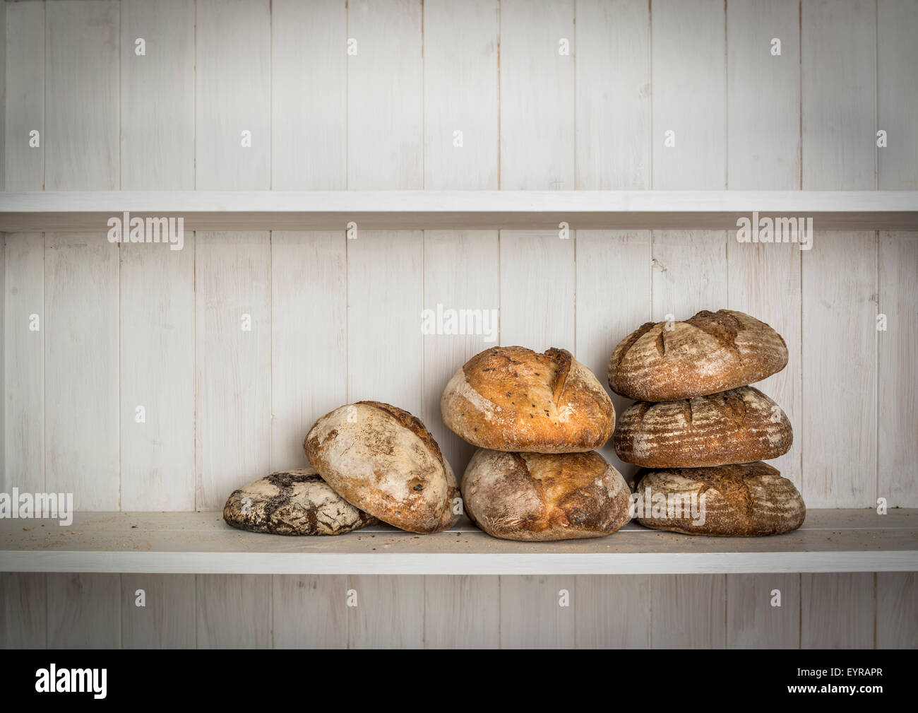 Various traditionally made sourdough breads in a bakery, Devon UK Stock ...