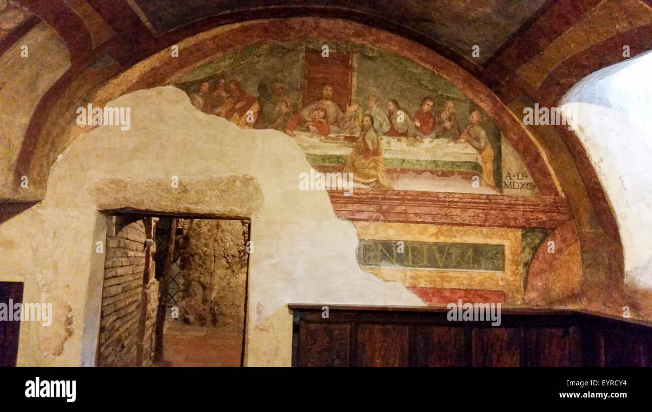 Mural depicting the last supper at the Basilica of San Francesco Assisi ...