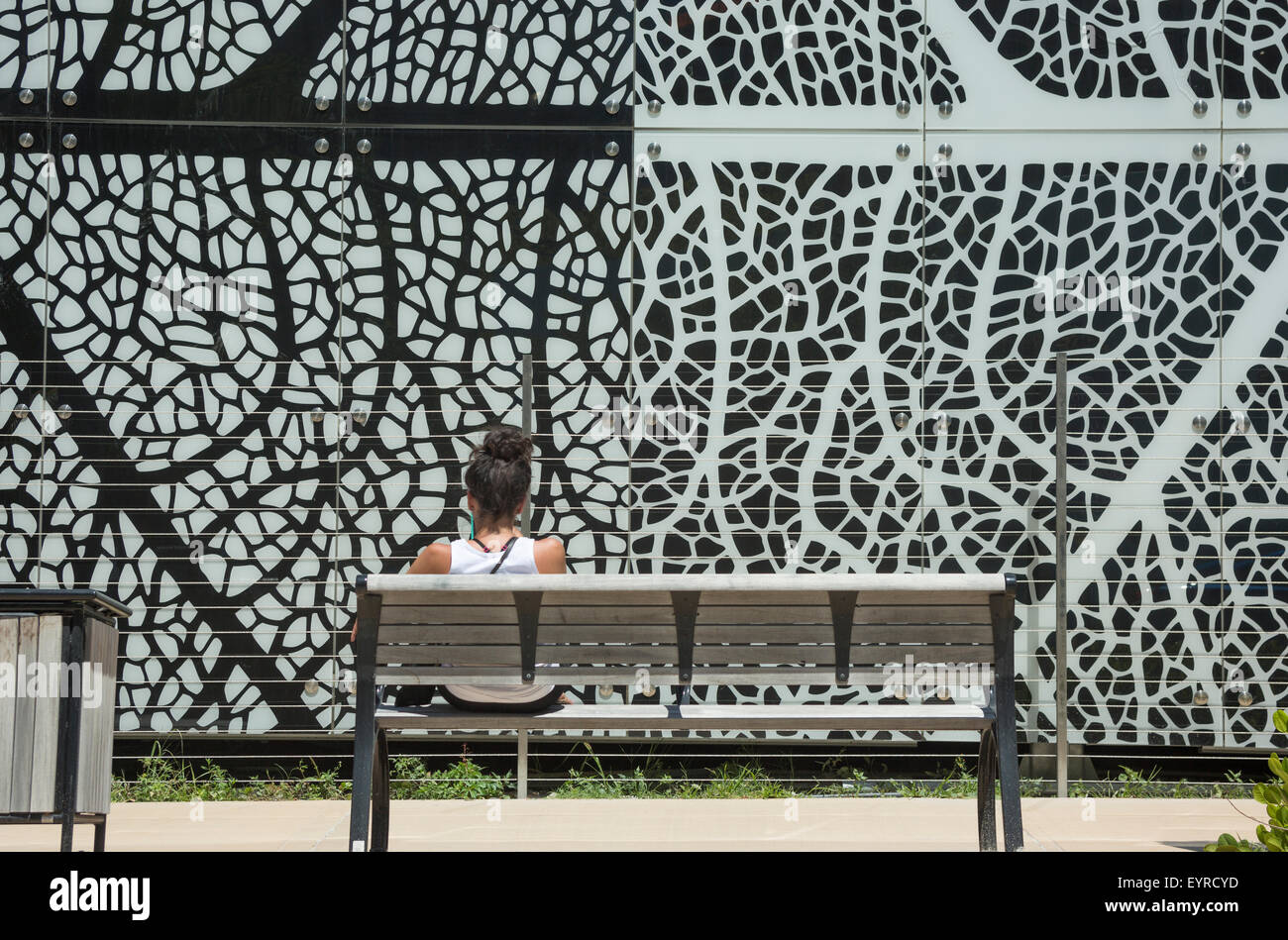 WOMAN SITTING ON PUBLIC BENCH LEAF PATTERN ART PANELS FIFTH STREET ...