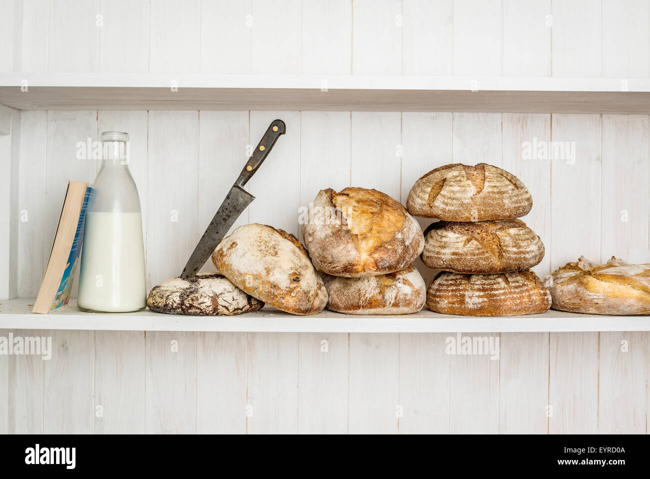 Various traditionally made sourdough breads in a bakery, Devon UK Stock ...