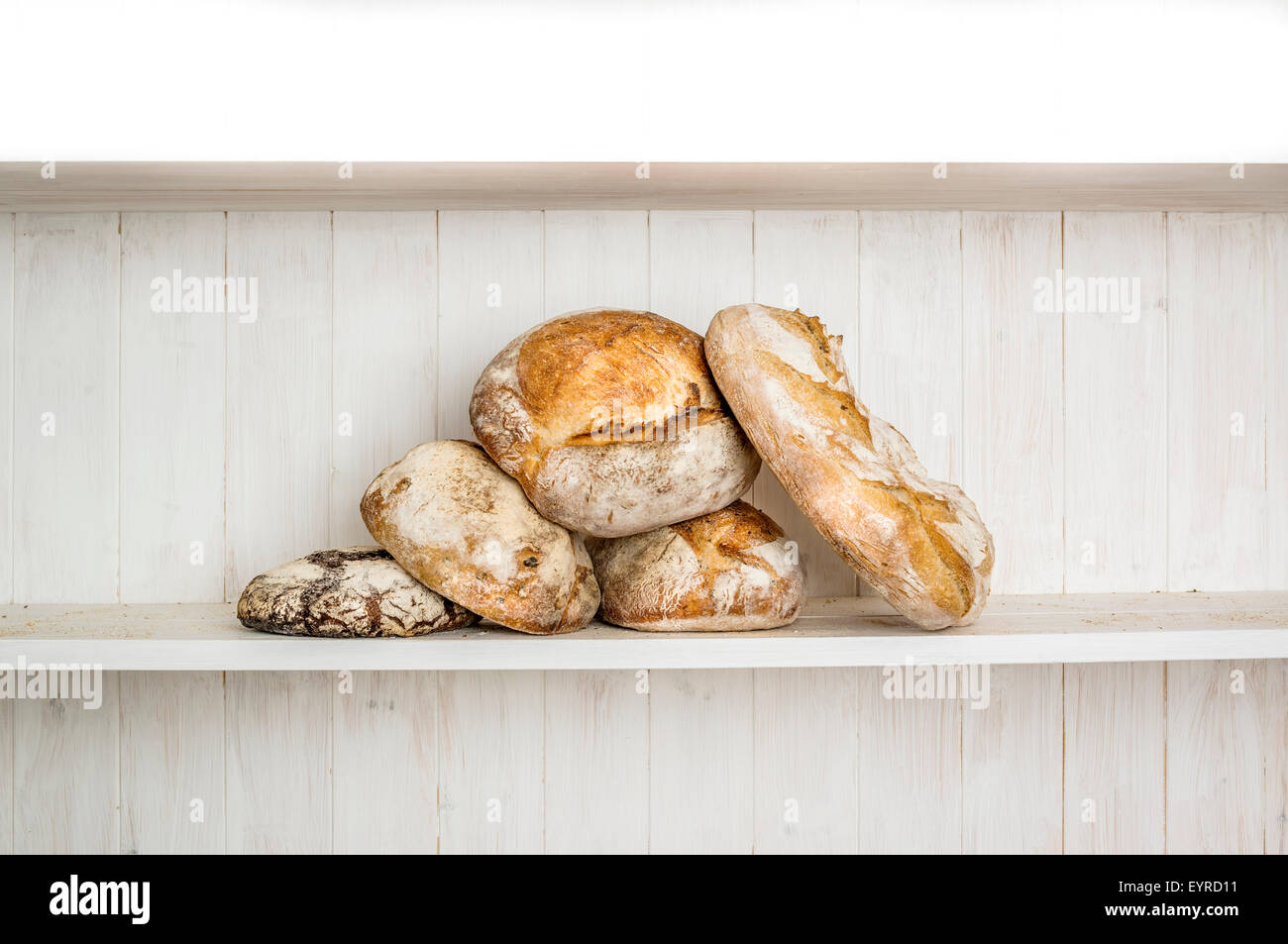 Various traditionally made sourdough breads in a bakery, Devon UK Stock ...