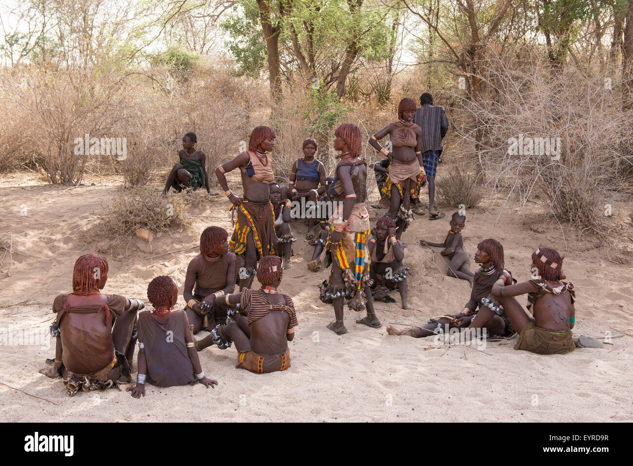 Hamer people socialising during a Hamer Bull Jumping Ceremony, Turmi ...