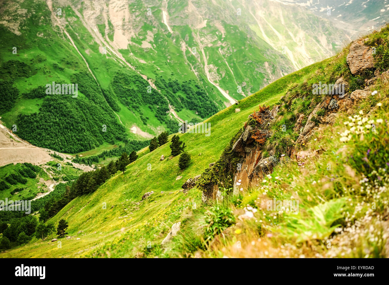 Slope Mountain Cheget and views of beautiful green valley. Caucasus ...