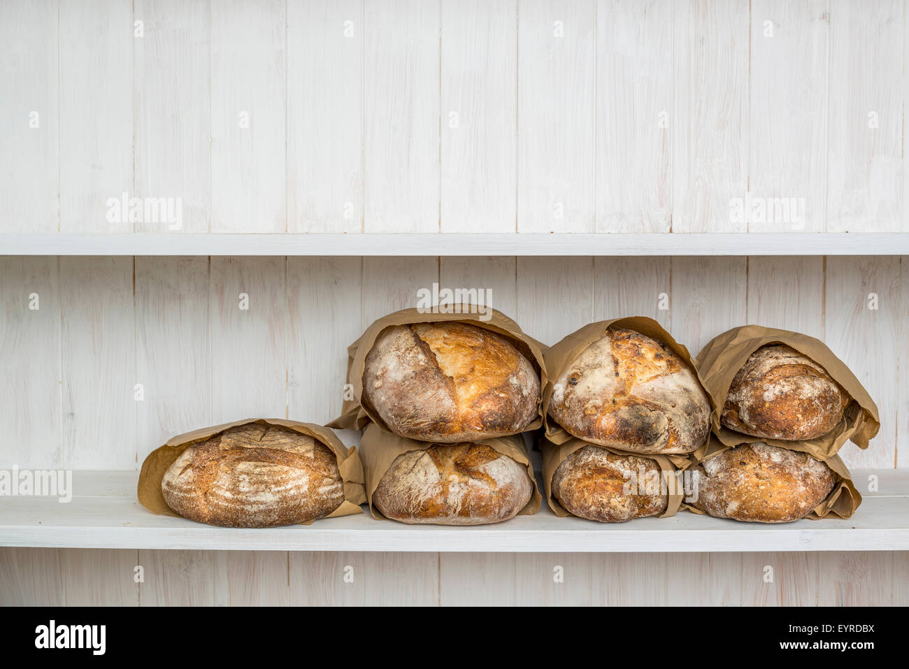 Various traditionally made sourdough breads in a bakery, Devon UK Stock ...