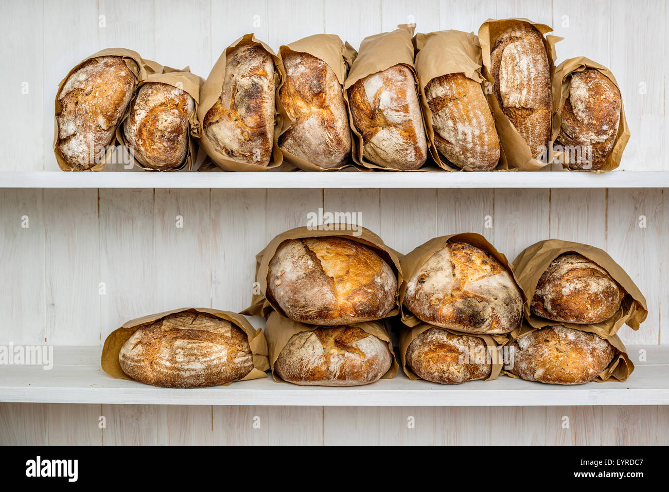 Various traditionally made sourdough breads in a bakery, Devon UK Stock ...
