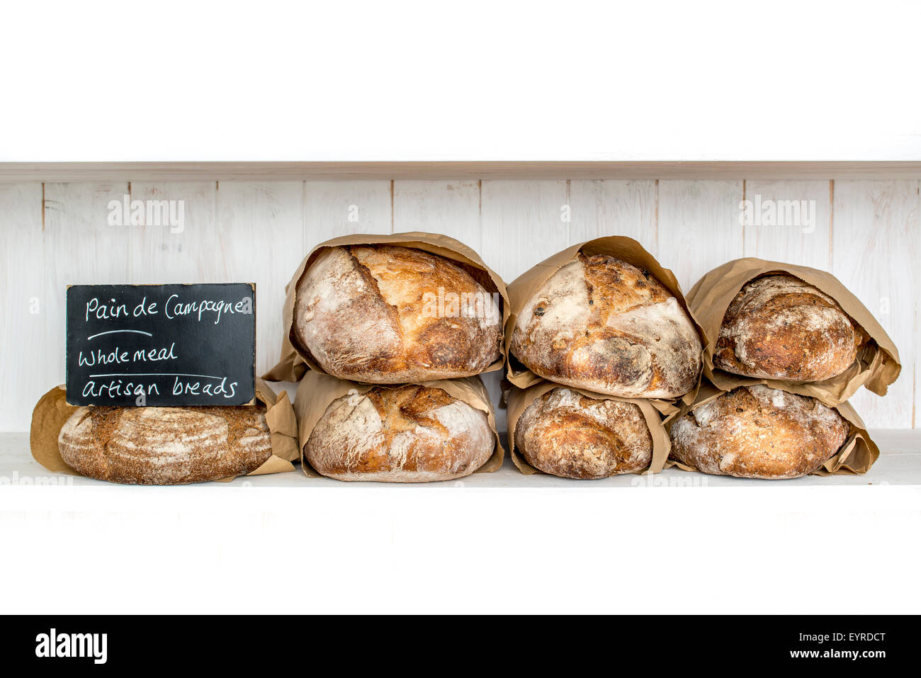 Various traditionally made sourdough breads in a bakery, Devon UK Stock ...
