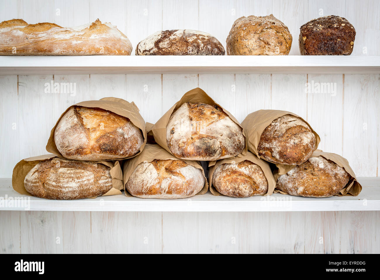 Various traditionally made sourdough breads in a bakery, Devon UK Stock ...