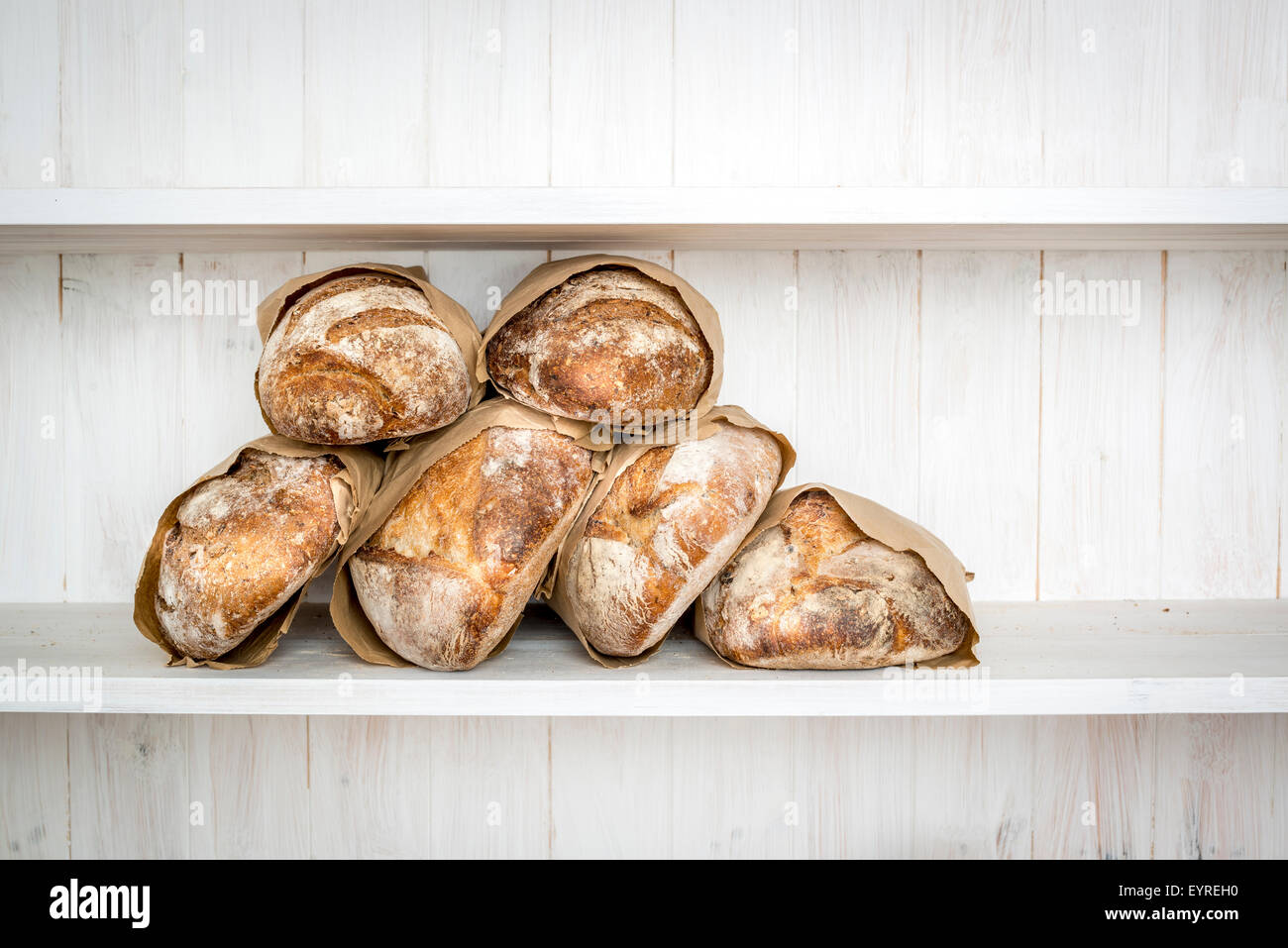 Various traditionally made sourdough breads in a bakery, Devon UK Stock ...