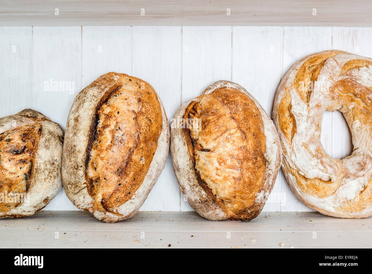 Various traditionally made sourdough breads in a bakery, Devon UK Stock ...