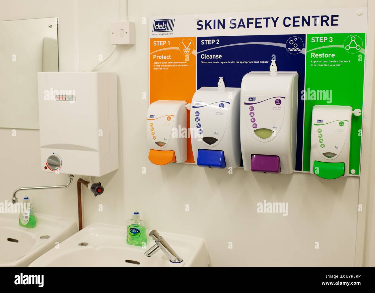 skin safety centre on a building site with hand dispensers and a sink ...