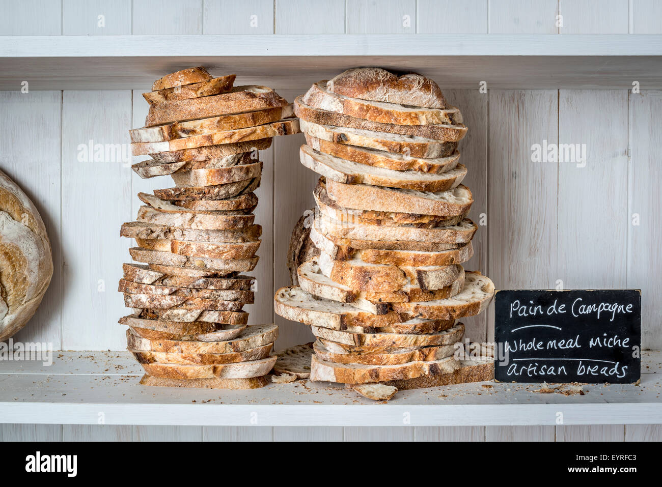 Various traditionally made sourdough breads in a bakery, Devon UK Stock ...