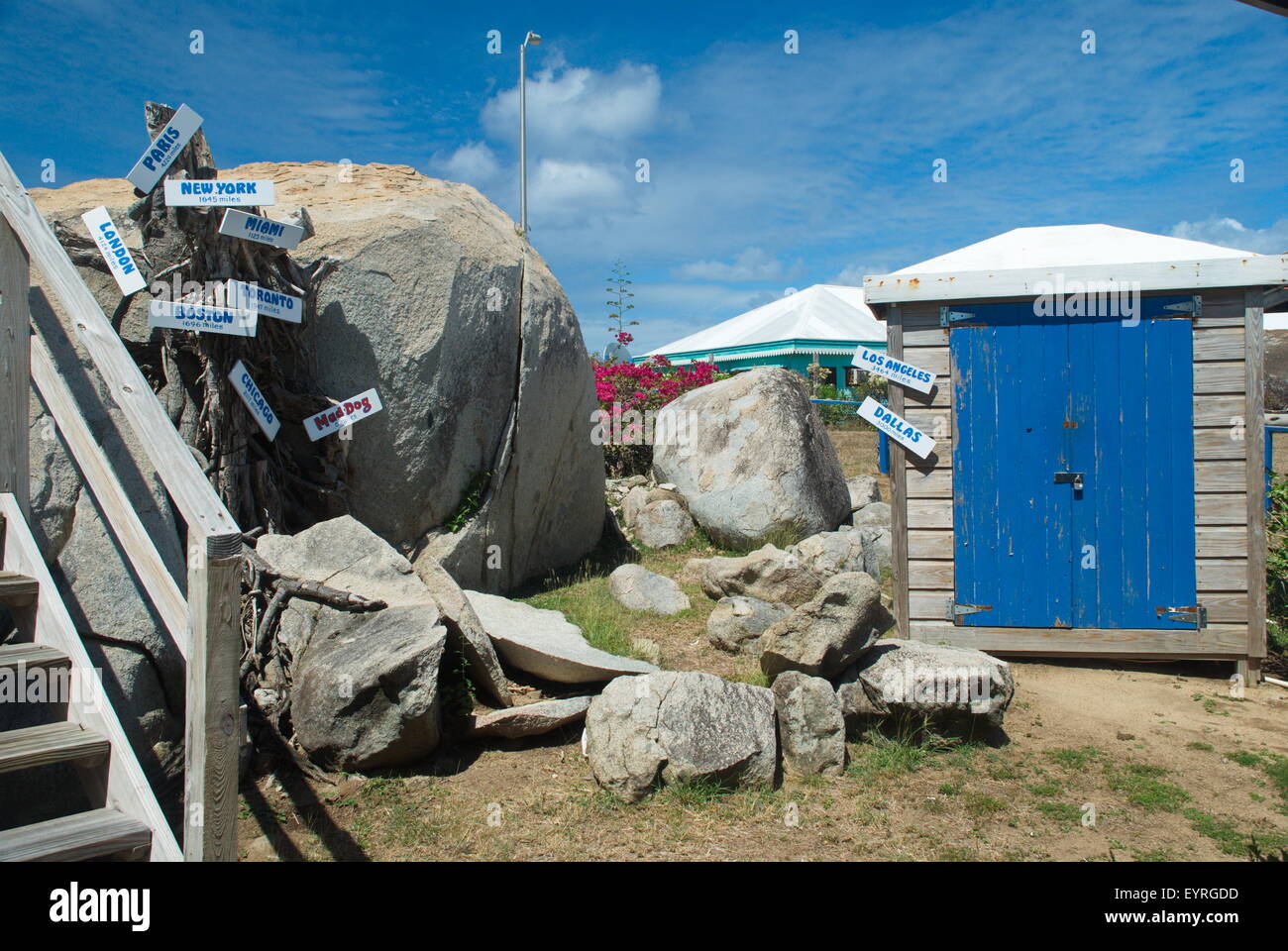 City signs posted next to the large boulder on the island of Virgin ...
