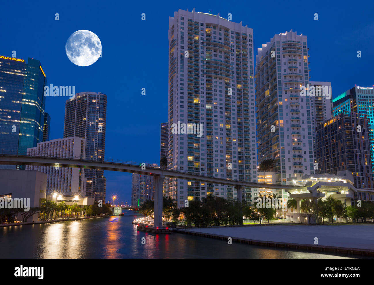 METROMOVER MONORAIL MIAMI RIVER DOWNTOWN MIAMI SKYLINE FLORIDA USA ...