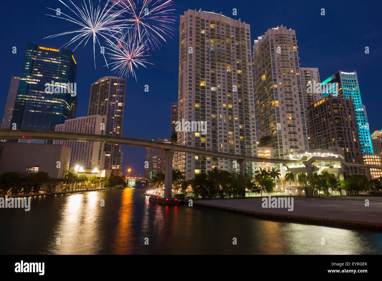 METROMOVER MONORAIL MIAMI RIVER DOWNTOWN MIAMI SKYLINE FLORIDA USA ...