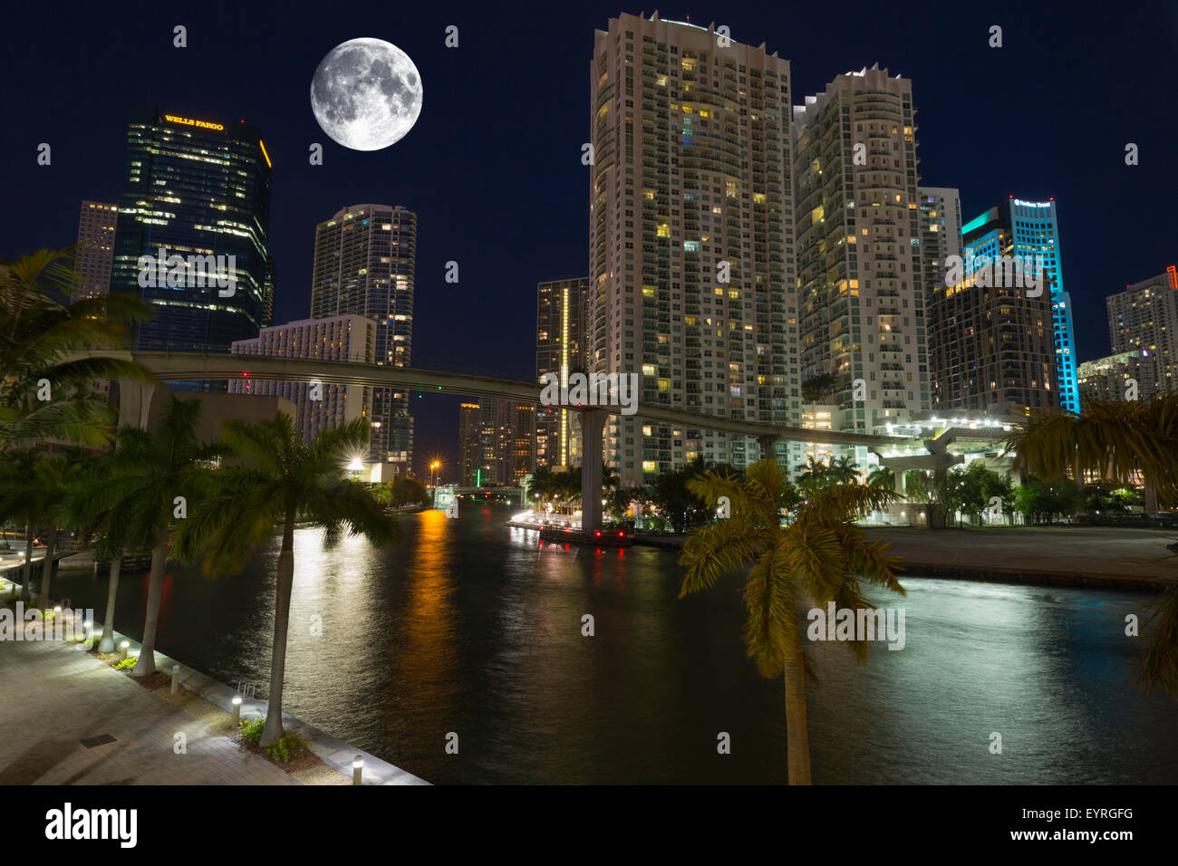 METROMOVER MONORAIL MIAMI RIVER DOWNTOWN MIAMI SKYLINE FLORIDA USA ...