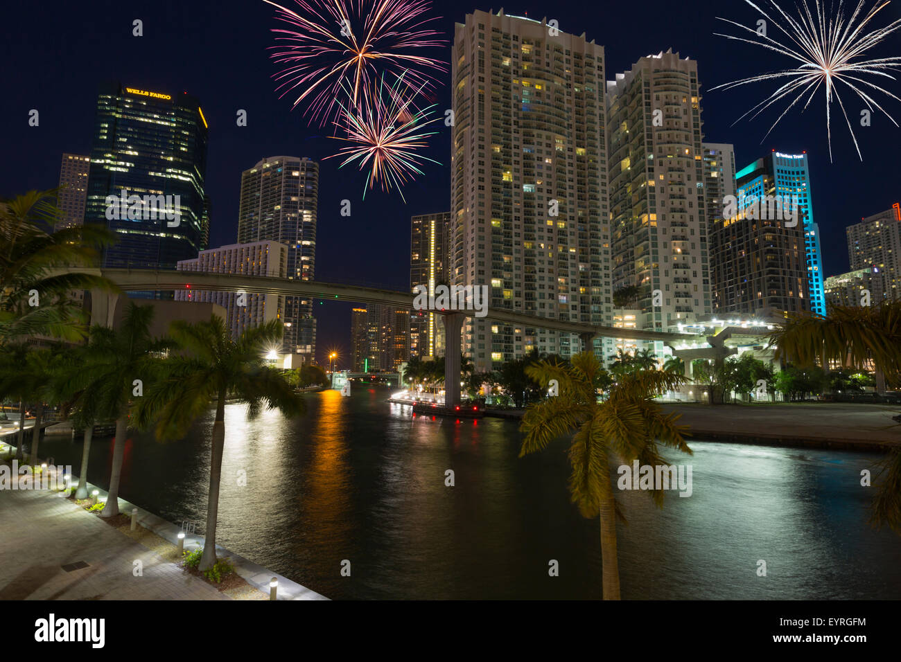 METROMOVER MONORAIL MIAMI RIVER DOWNTOWN MIAMI SKYLINE FLORIDA USA ...