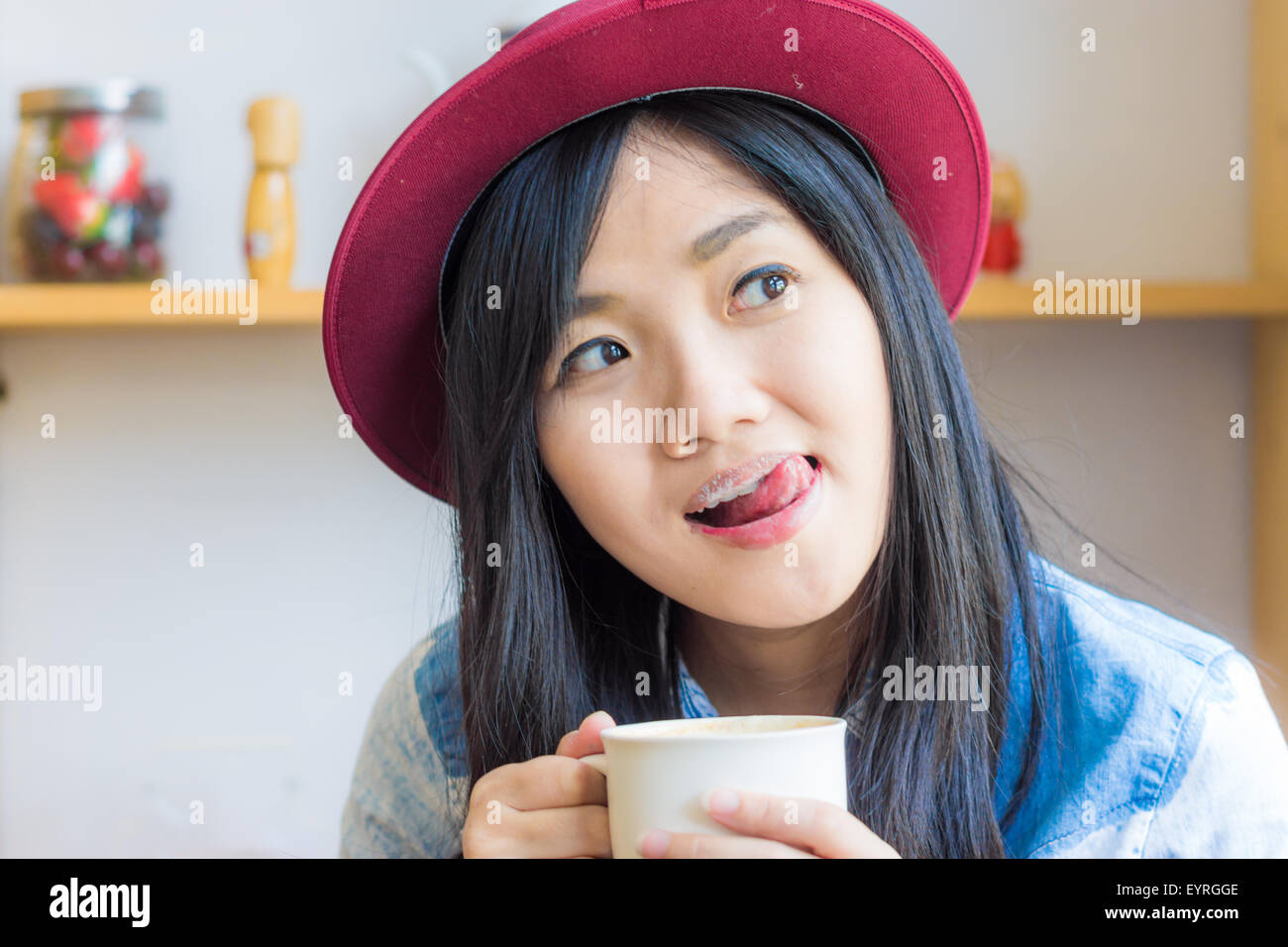 Asian beautiful woman drinking coffee in stylish cafe , Feeling ...
