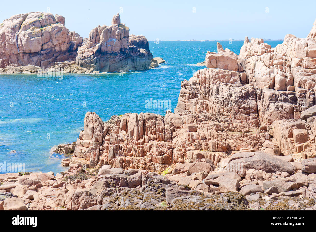 Coast with famous pink granite rocks in Brittany, France Stock Photo ...