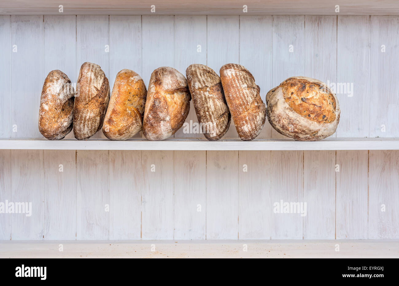 Various traditionally made sourdough breads in a bakery, Devon UK Stock ...