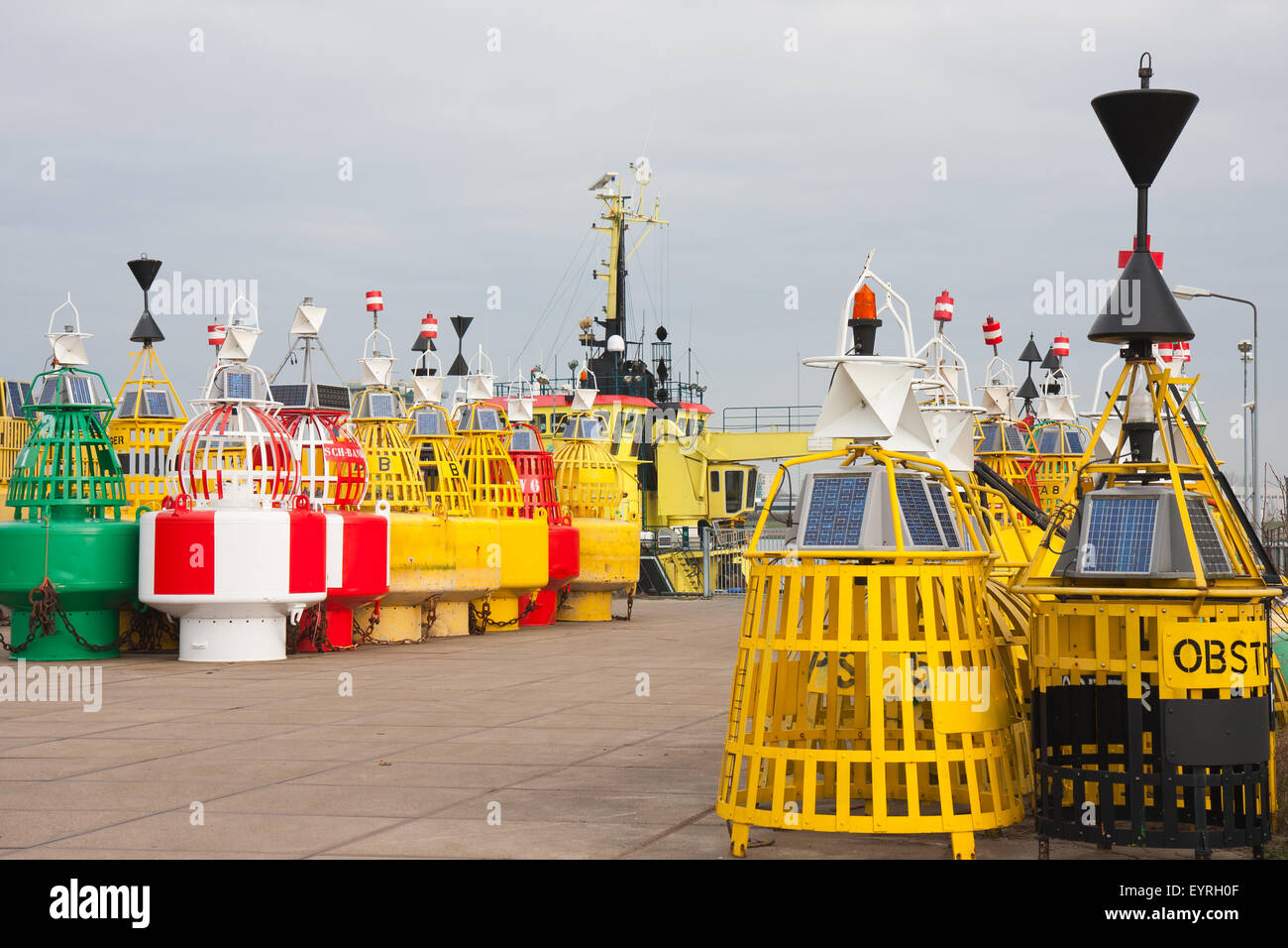 Storage of big buoys with solar collectors Stock Photo - Alamy