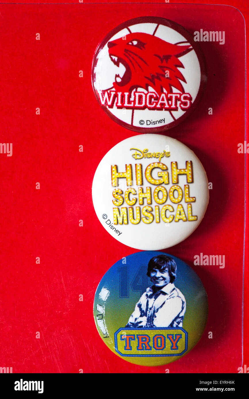 Disney High School Musical, Troy and Wildcats round pin badges on red ...