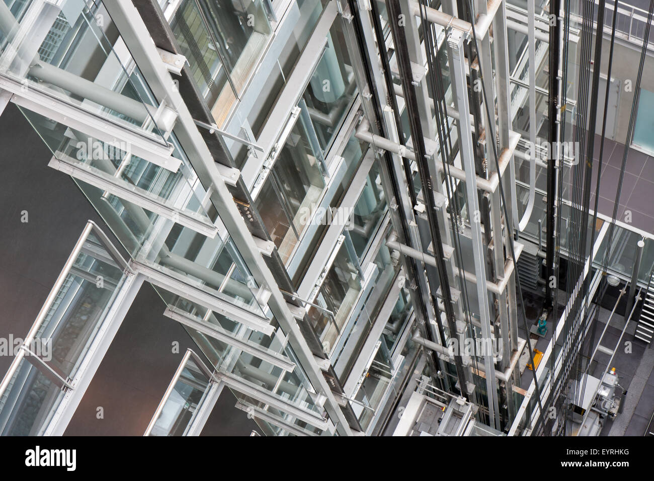 Looking down in an open steel lift shaft in a modern building Stock ...