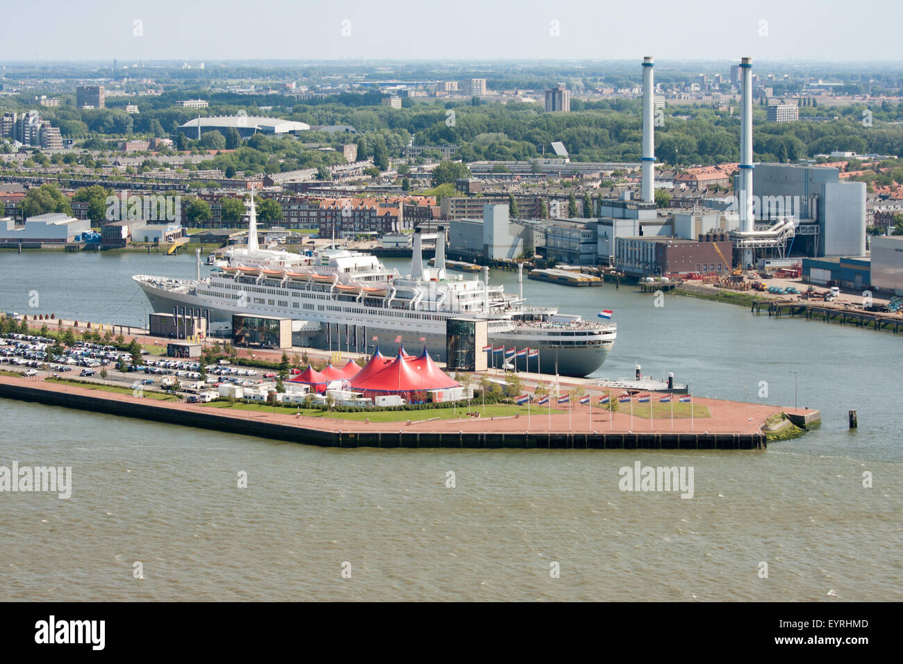 Aerial view of Dutch harbor Rotterdam with a big passenger ship Stock ...