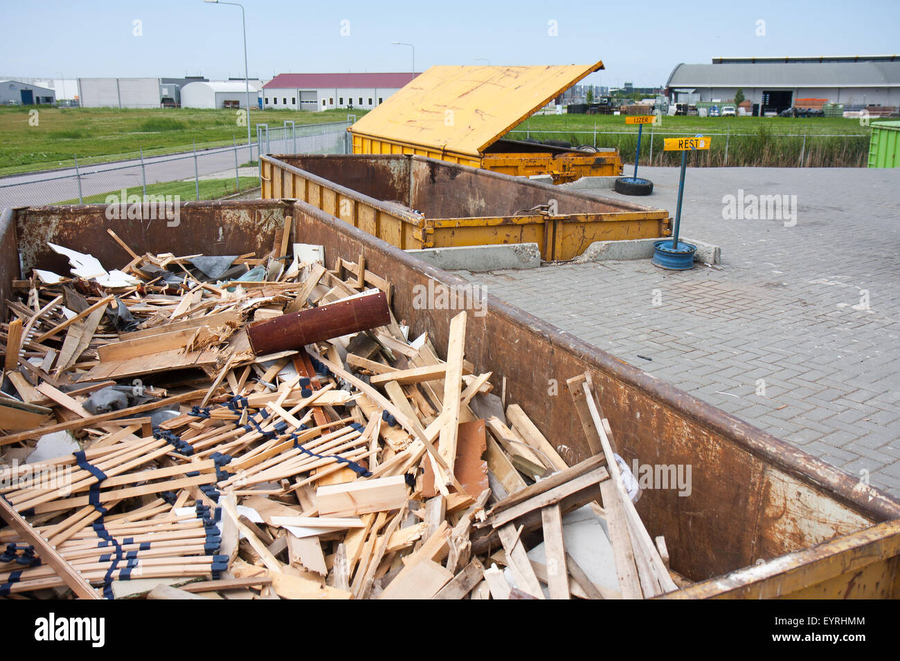 Big iron dumpster with groundwood at a refuse dump Stock Photo - Alamy