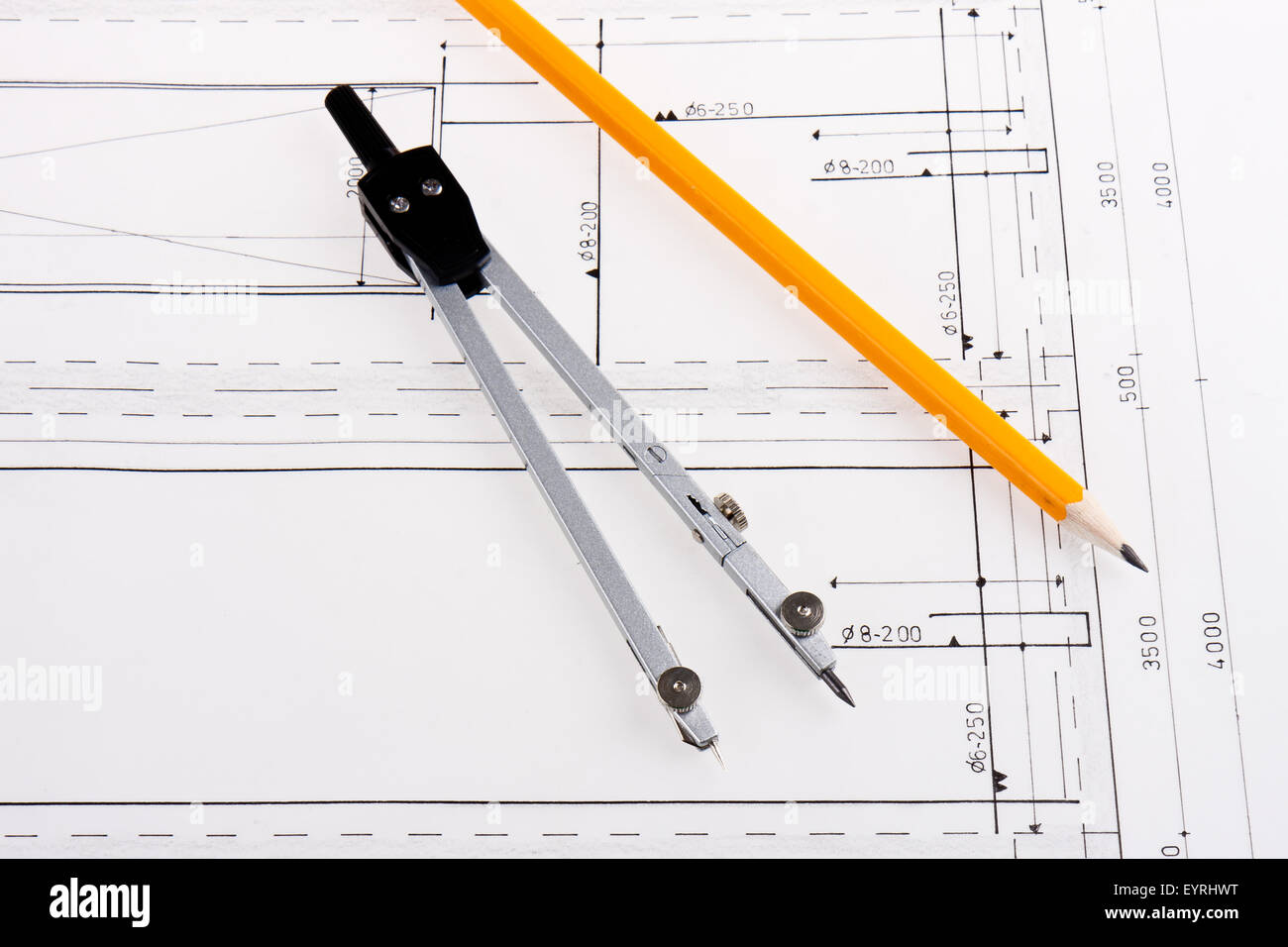 Building plan of reinforced concrete construction with compasses and ...