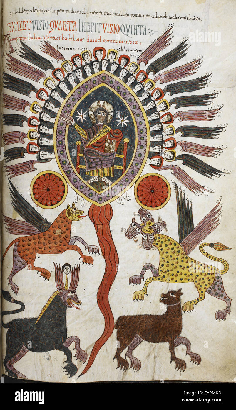 This image illustrates the vision described in Daniel 7:2-10, depicting ...