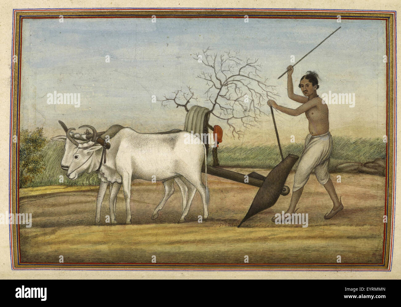 Image taken from 'Tashrih al-aqvam', showing a Jat man ploughing in the ...