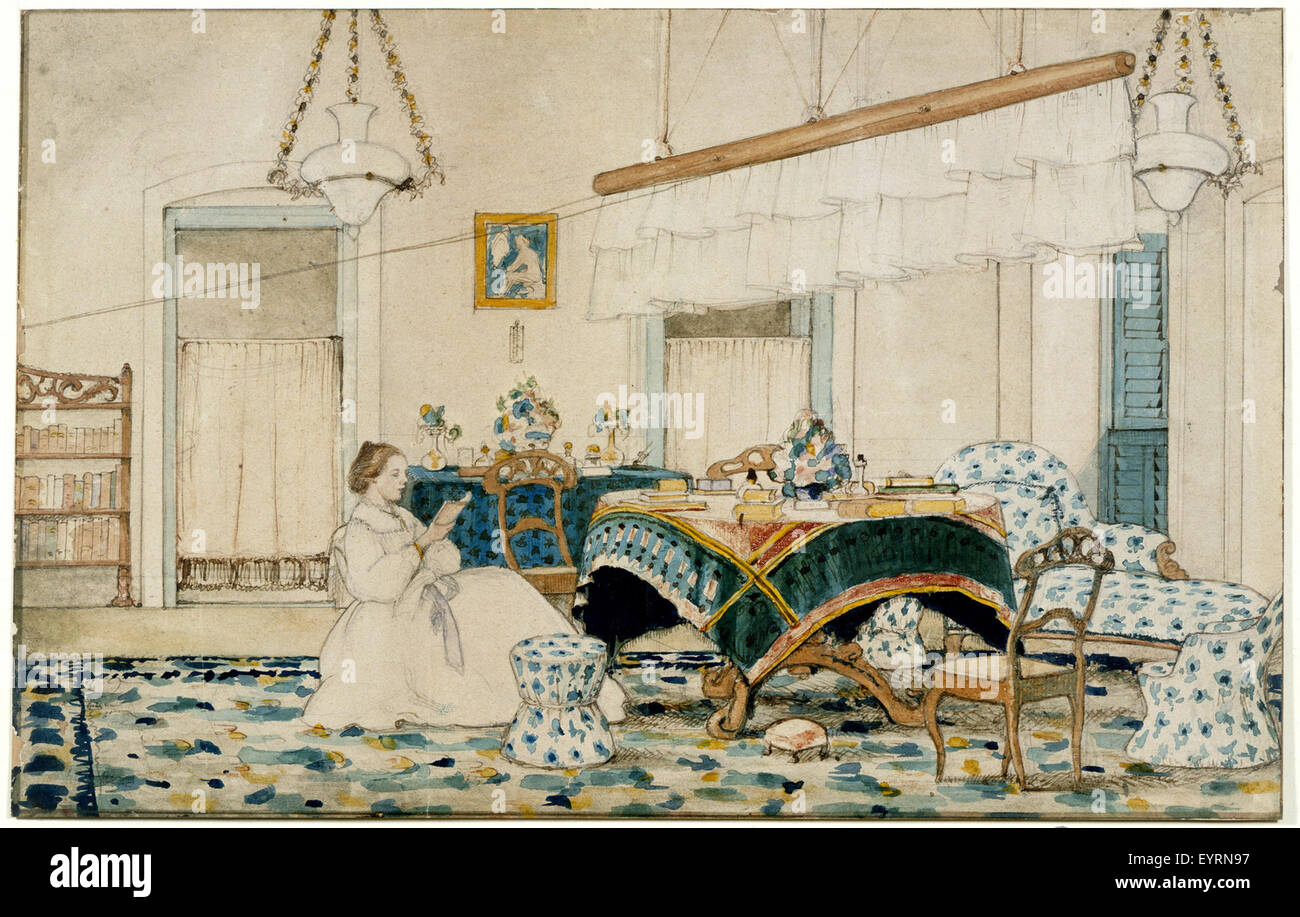 An image depicting a woman reading under a punkah, a large fan used to ...