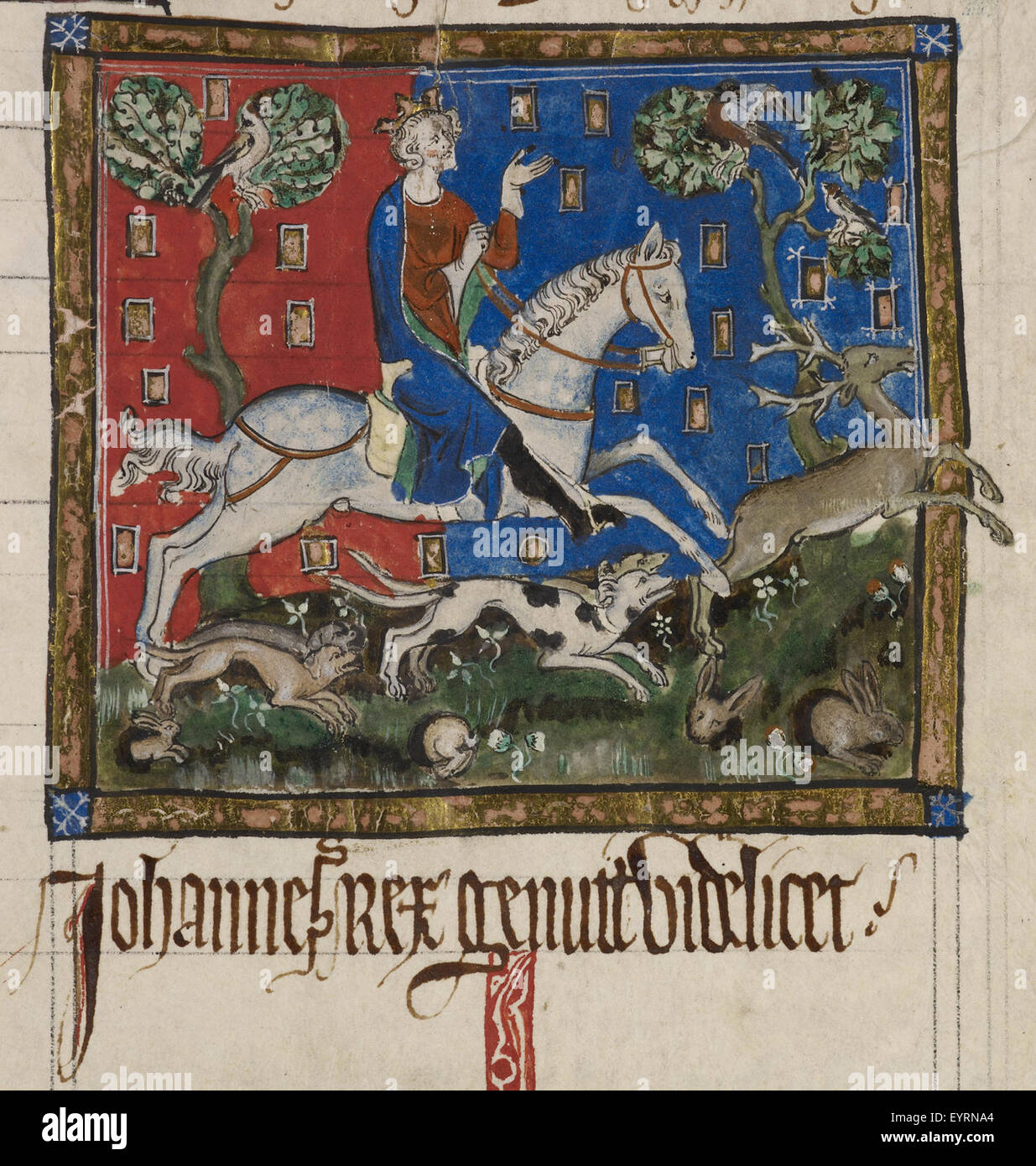 An untitled image, captioned 'King John hunting,' depicting a ...