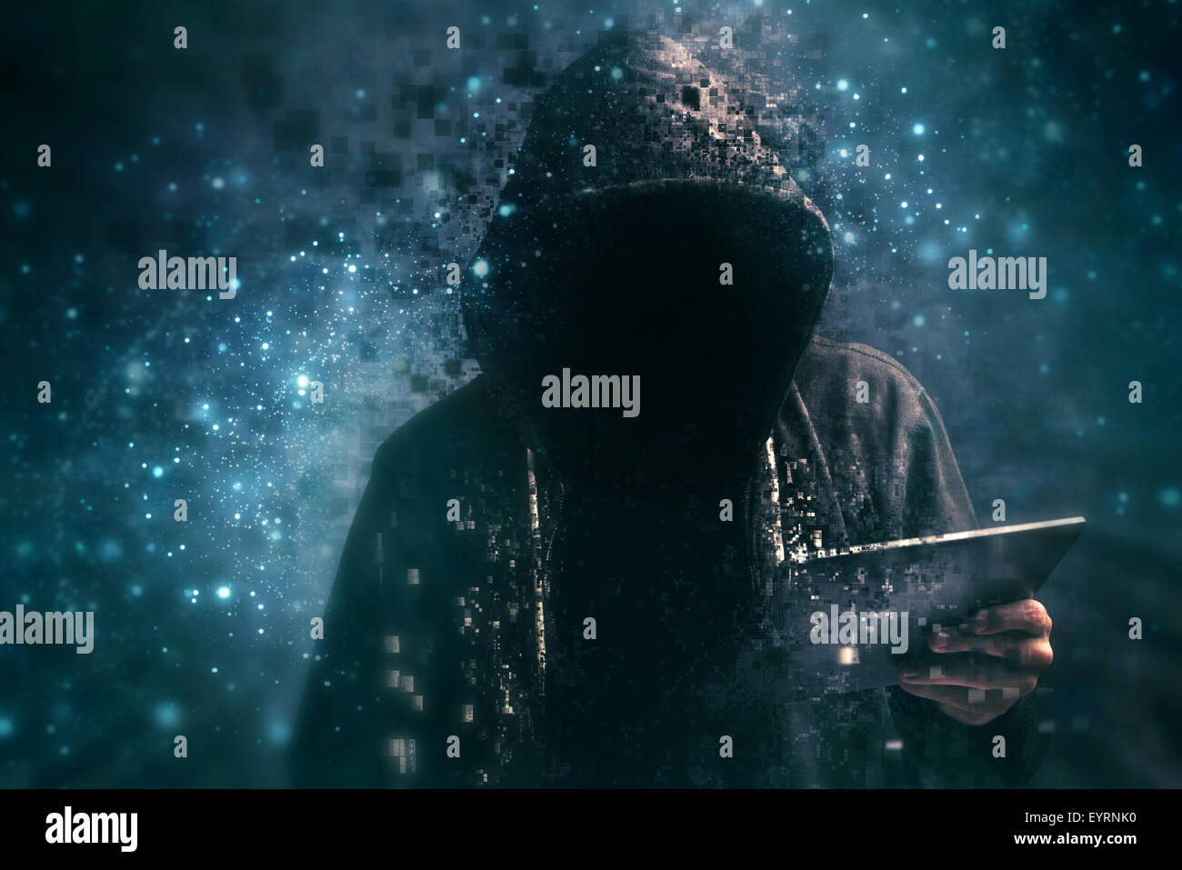 Pixelated unrecognizable faceless hooded cyber criminal man using ...