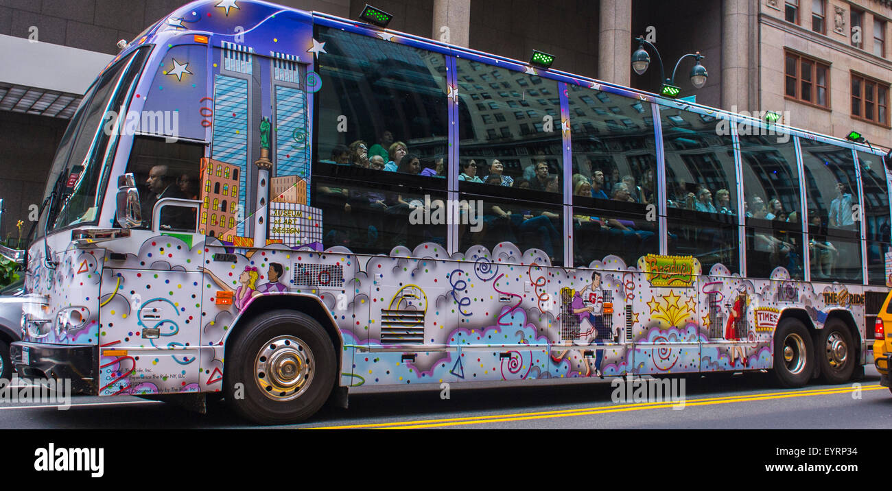 New York City, USA, People in WIndows, on Colorful Decorated Tourist ...