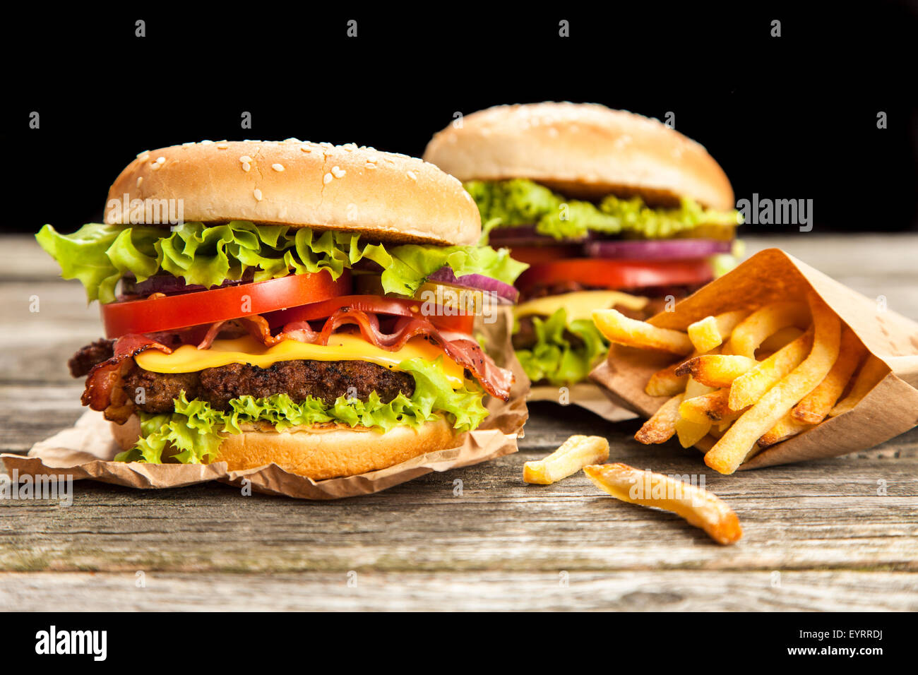 Delicious hamburger and fries Stock Photo - Alamy