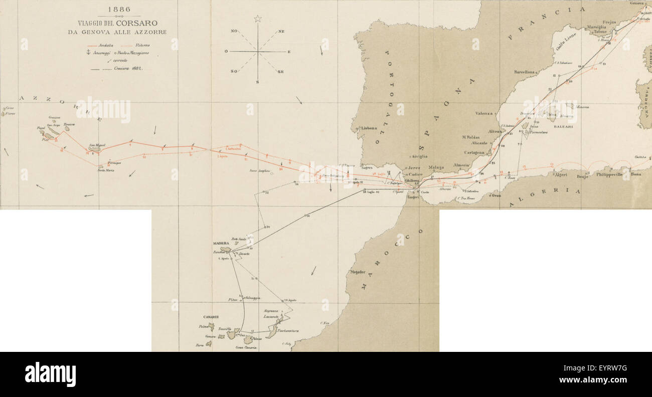 The image shows a map from 'Crociera del Corsaro alle,' an account of a ...