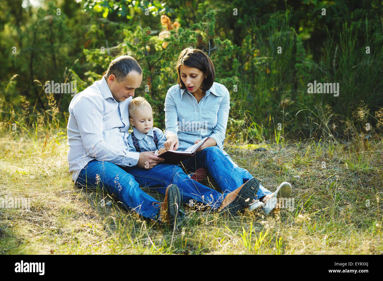 family reading book in park Stock Photo - Alamy