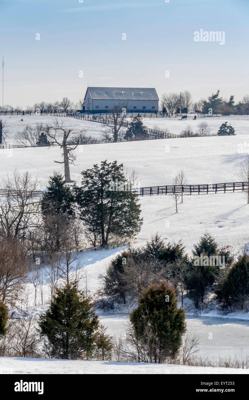 Snow covered farm in the rolling fields of the Bluegrass region of ...