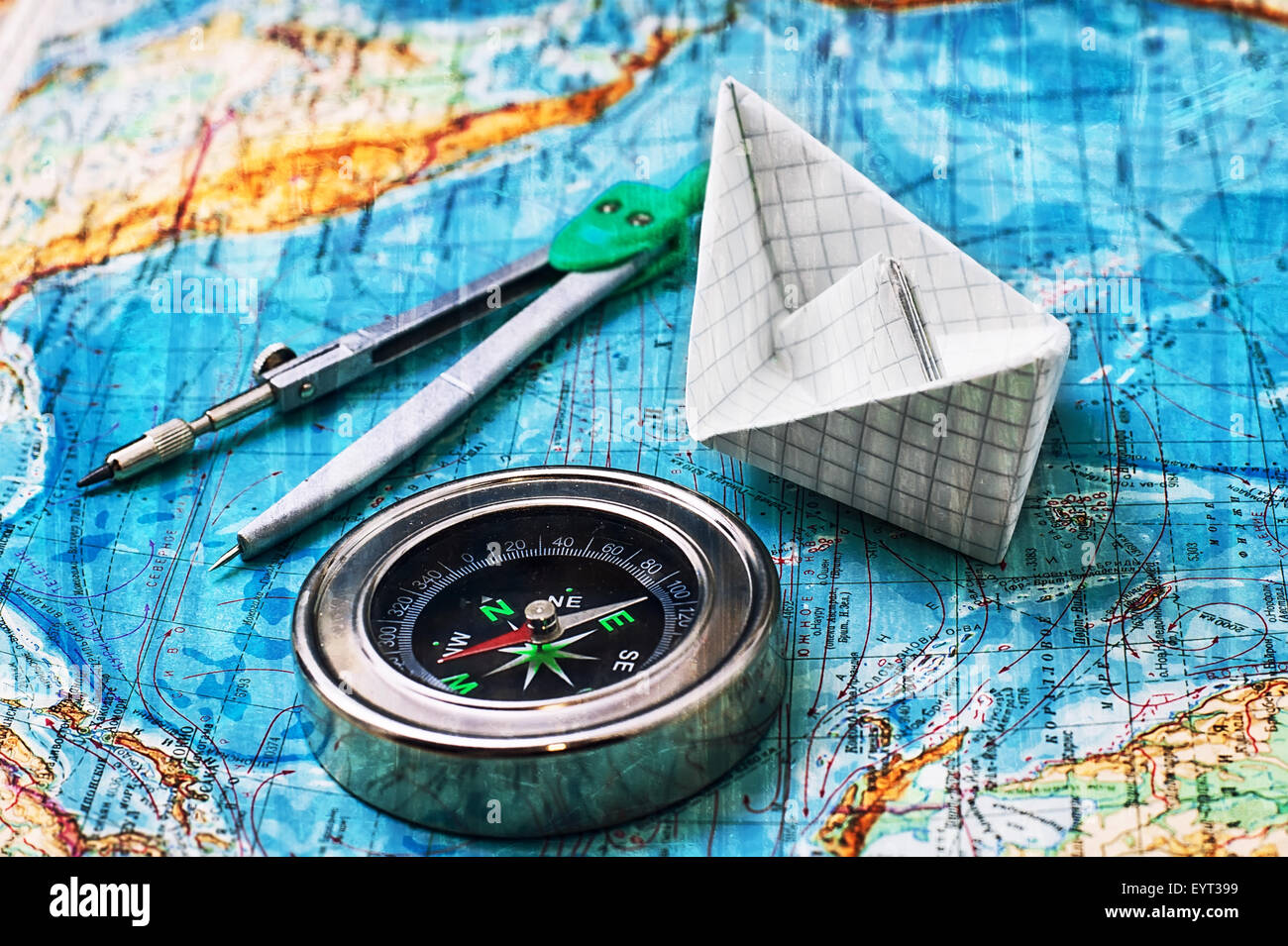 Compass on old nautical map vintage style.Applied texture Stock Photo ...